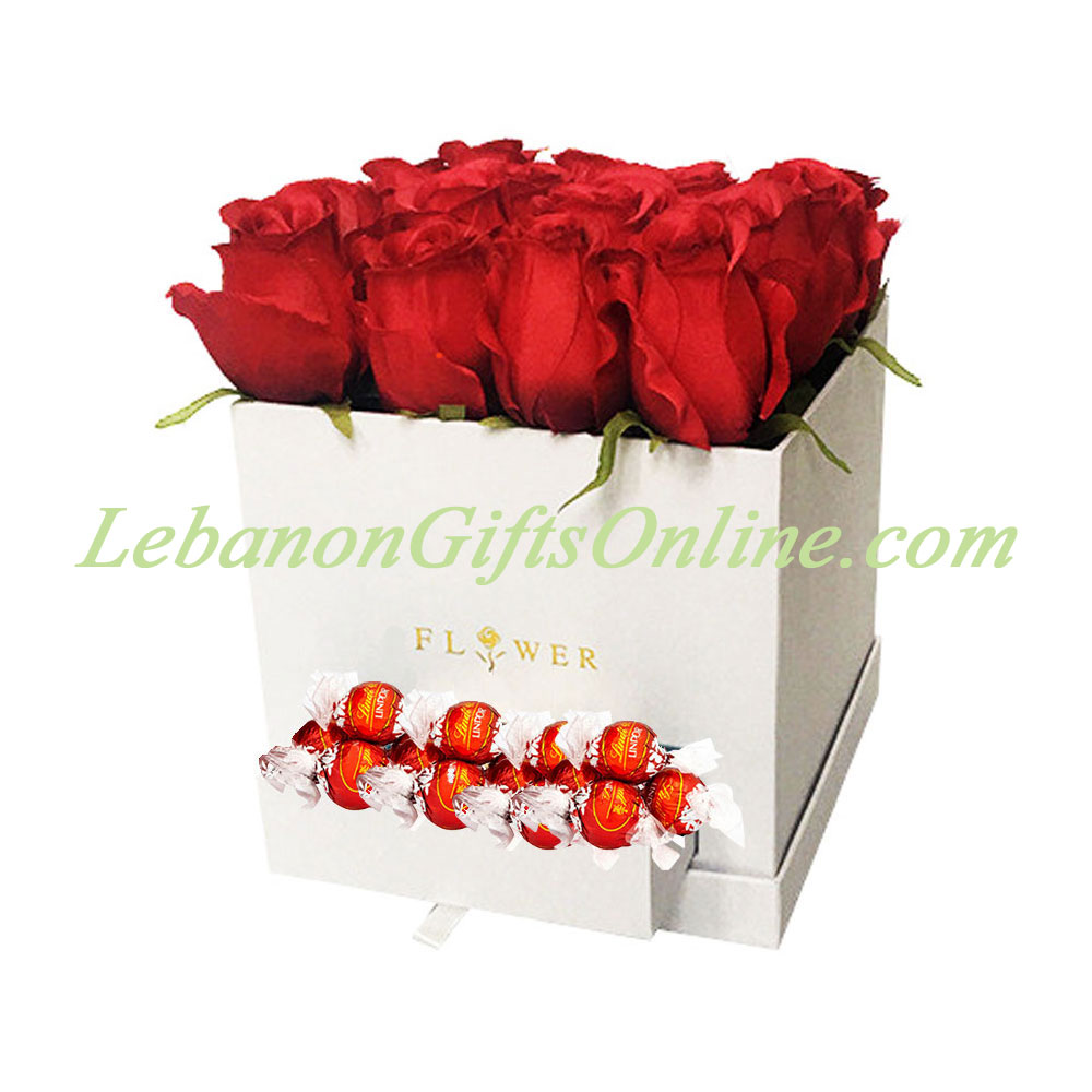 White Square Box with Lindor and Roses | LebanonGifts